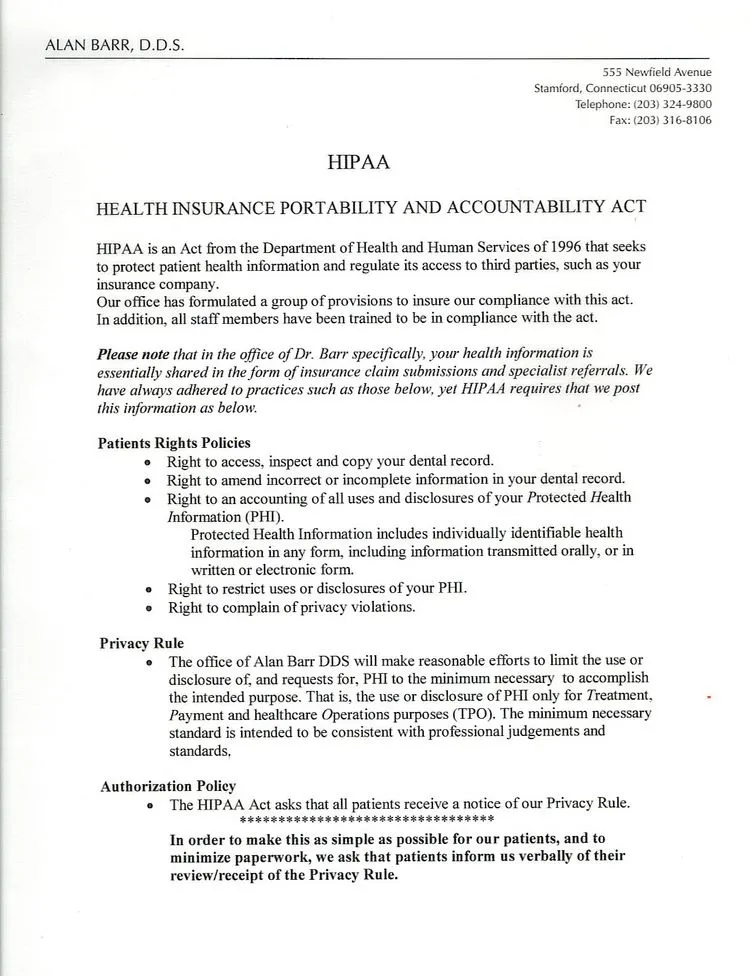 Alan Barr, DDS, FAGD | HIPAA Policy in Stamford